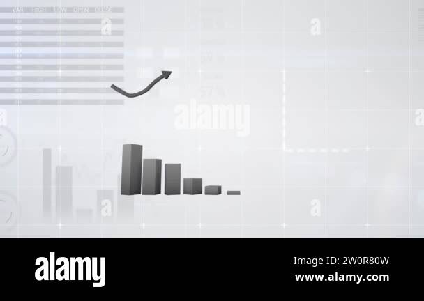Animation of a 3D grey block graph and a black arrow pointing upward ...