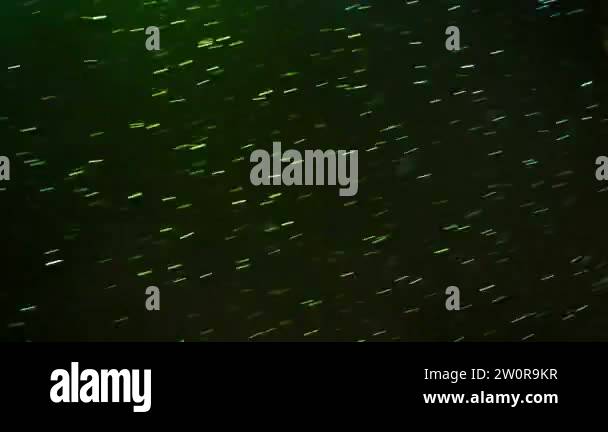 Falling snowflakes in the light of green spotlights. Snow falls against ...