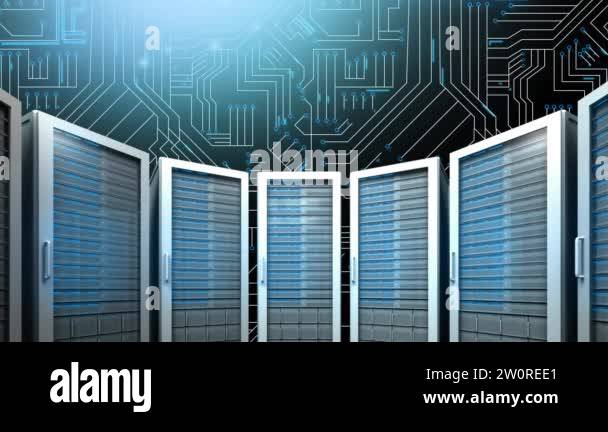 Animation of mainframe computer server towers in a row on a computer ...