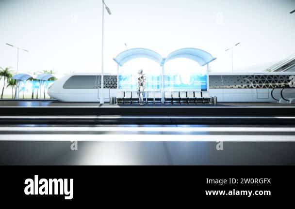 Robot on the Sci Fi railway futuristic station. Future concept. Aerial ...