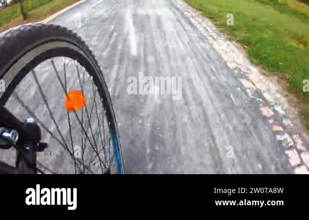 Riding bicycle by bike lane in park at summer day, front-driver, bottom ...