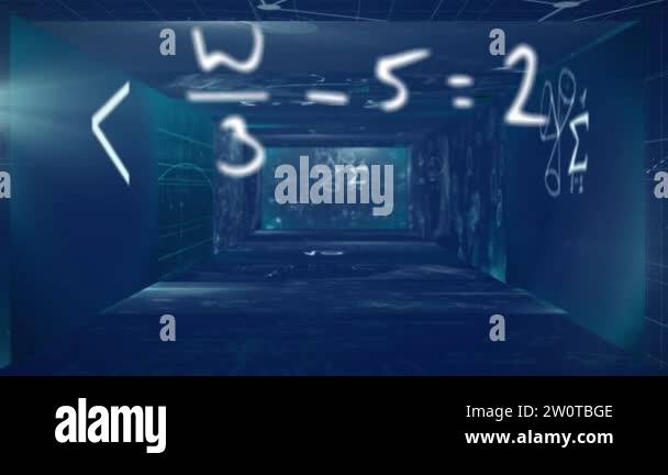 Animation of mathematical equations floating over a tunnel made of screens showing mathematical ...