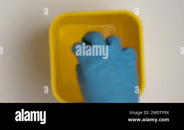 Person in gloves putting plastic caps into bin, sorting and recycling ...