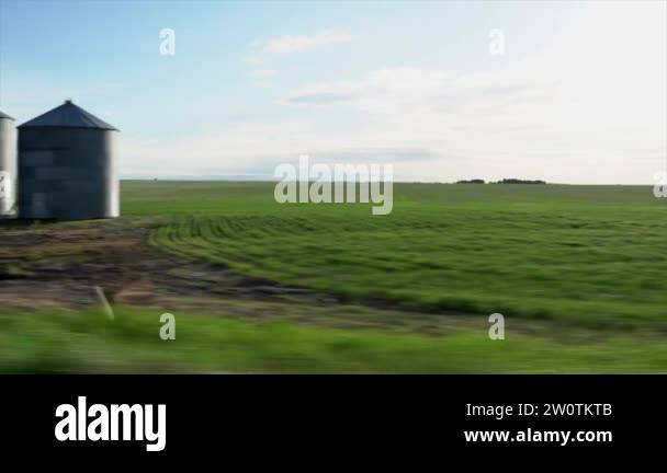 A drive by along recently planted fields with large metal grain silos ...