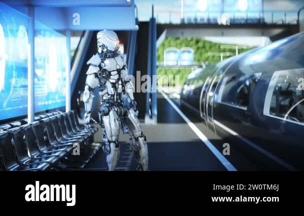 Robot on the Sci Fi railway futuristic station. Future concept. Aerial ...