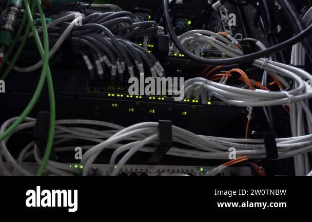 Utp cables Big server rack. Network cable connecting on Network gigabit switch Stock Video ...