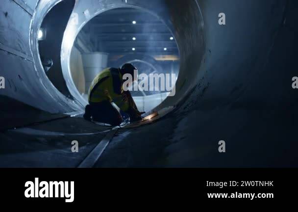 Professional Heavy Industry Welder Working Inside Pipe, Wears Helmet ...