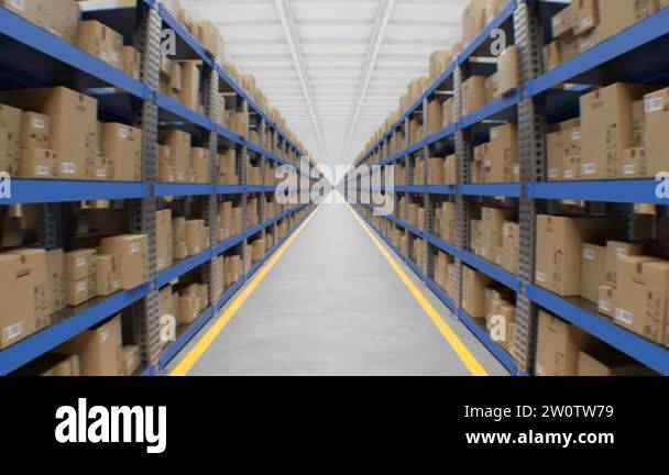 Moving Through the Huge Beautiful Warehouse with Cardboard Boxes on ...
