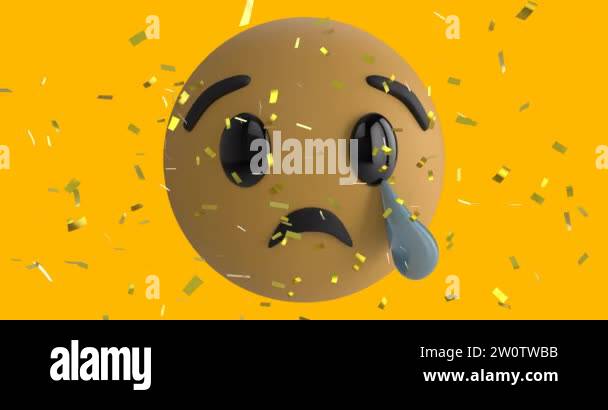Animation of a sad emoji icon on a yellow background with falling gold ...