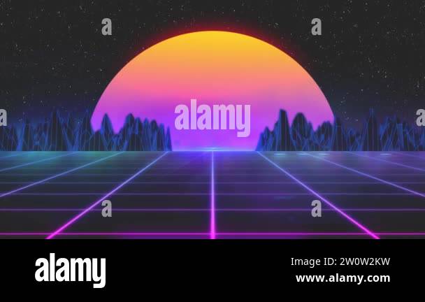 Stylized vintage 3D animation background with mountains, sun and ...