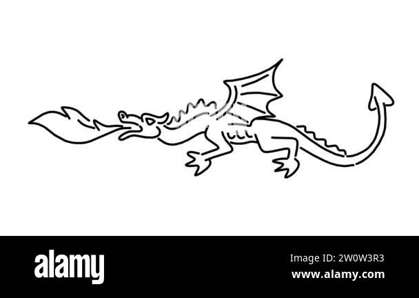 2d Animation monoline style drawing of a medieval dragon breathing fire ...