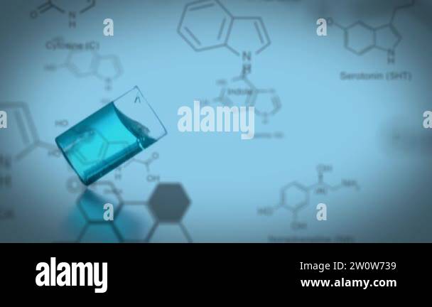 Animation of a laboratory beaker falling with blue liquid spilling ...