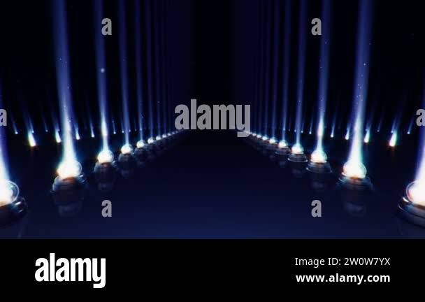 Abstract animation of slow move on glossy floor between light bulbs for ...