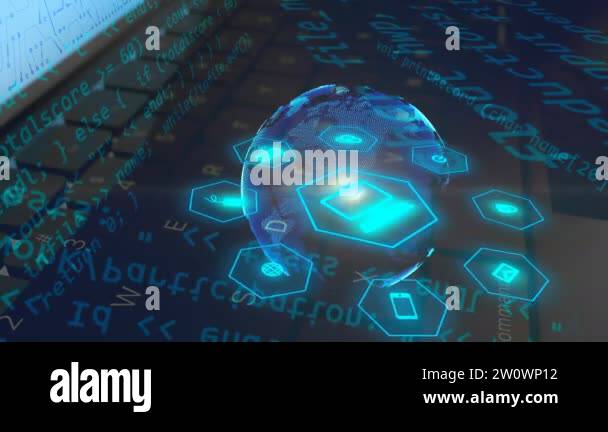 Modern technology era, keyboard with programming code and digital earth ...