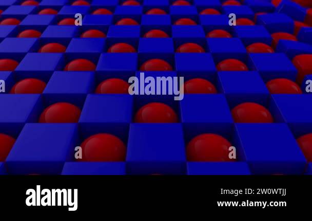 3D animation of many red cubes and blue spheres. An abstract geometric ...