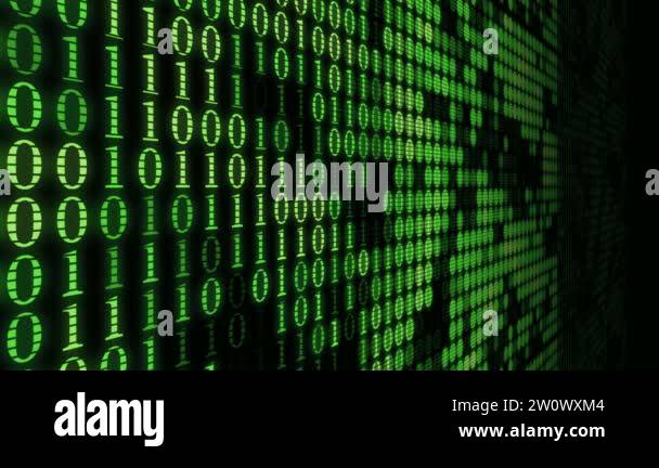 Green wall of numbers matrix machine code blinking computer process ...
