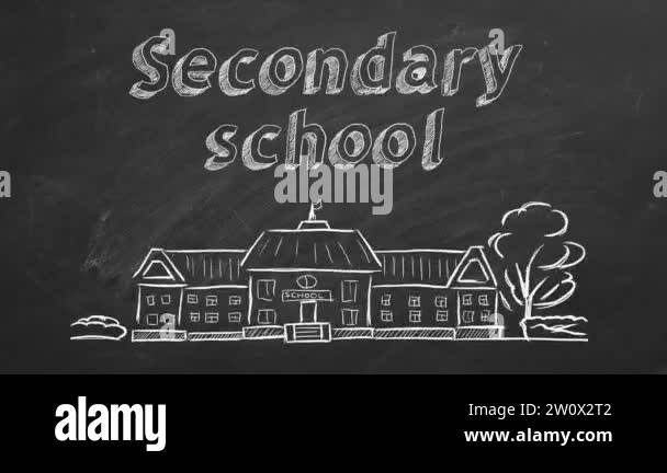 School building and lettering Secondary school on blackboard. Hand ...