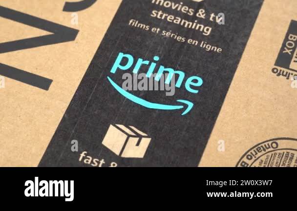 Amazon Prime branded tape and logo on a shipping box Stock Video ...