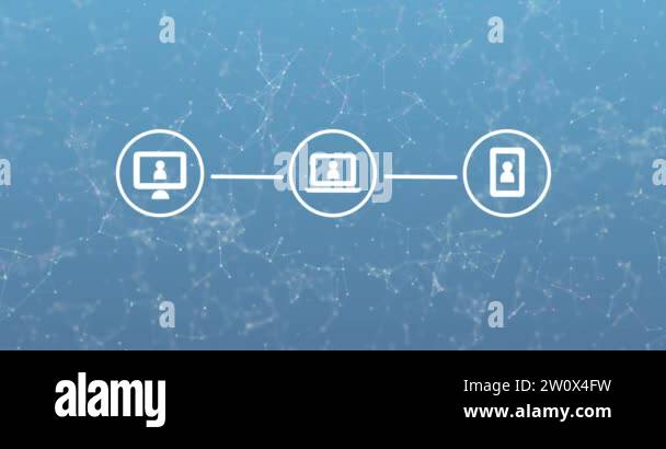 Animation of three white digital computer interface icons with plexus structure on blue ...