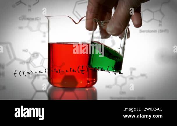 Animation of laboratory beakers containing colored chemical liquids ...