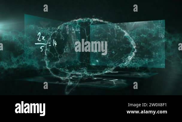 Animation of a 3D human brain model floating over three screens showing ...