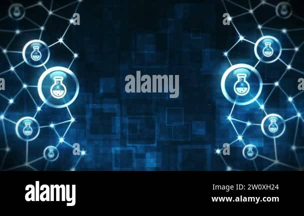 Round flask with liquid. Chemistry beaker icons floating. Medicine and ...