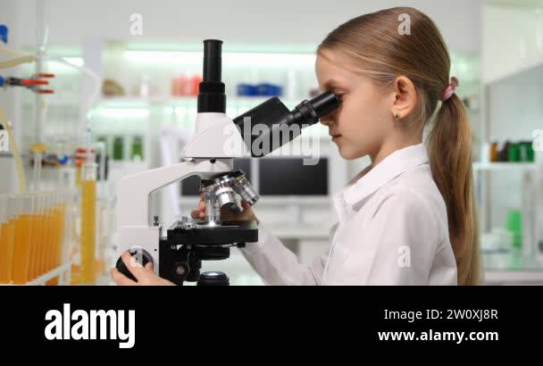 Kid Using Microscope in School Chemistry Laboratory, Student Child ...