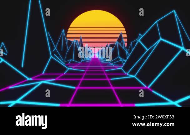 Retrowave horizon landscape with neon lights and low poly terrain. 80s ...