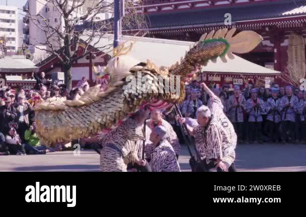Static video of golden dragon dance festival in the Sensoji temple of ...