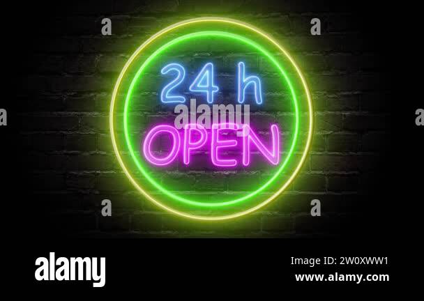Neon open 24h sign animation on brick wall background. Open sign ...