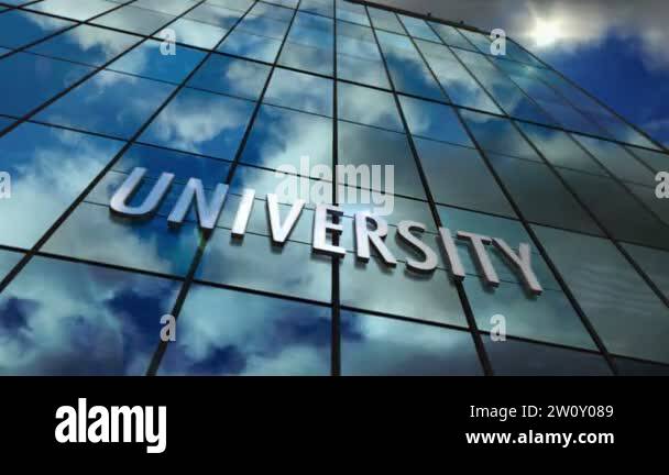 University glass building. Mirrored sky and city on modern facade ...