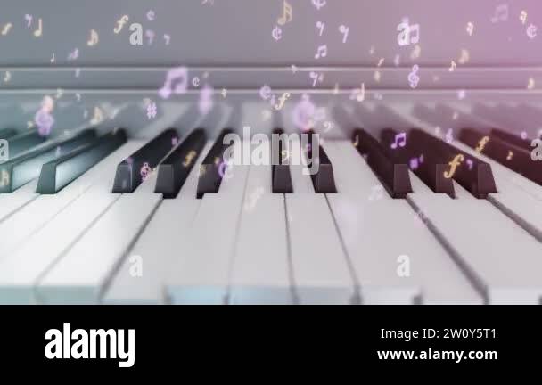 Background with animation of play on piano with pushing piano keys and ...