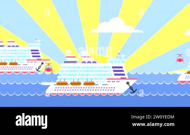 Looping animation with cruise ships on the sea against the background ...