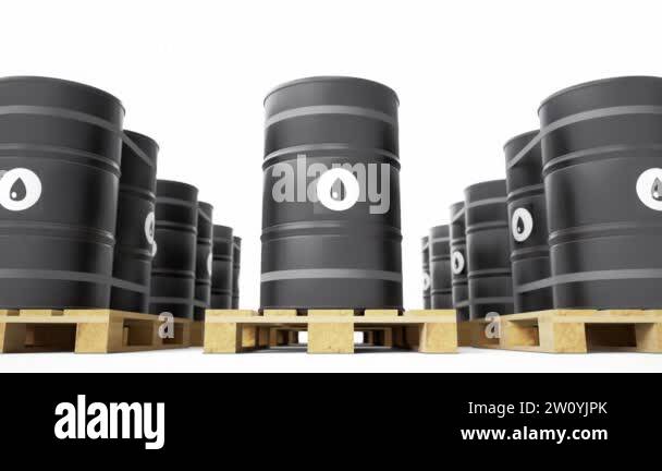Stack of black metal barrels with an oil symbol. Fuel tanks placed on ...