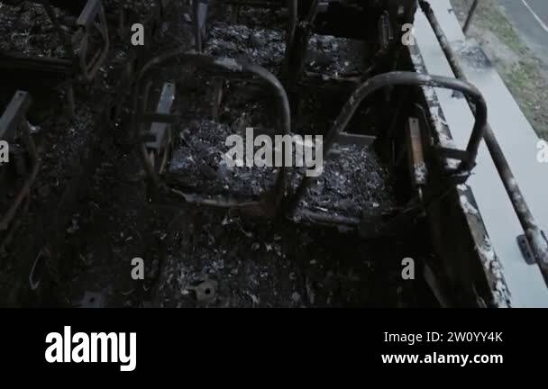 Bus after the fire. Explosion of a bomb in a passenger vehicle. The ...