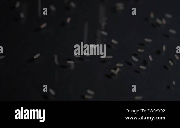Grain of rice falls on a dark surface. Rice grain close-up. Black ...