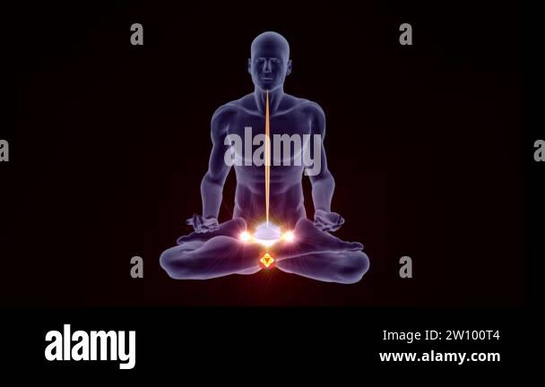 Man silhouette in an enlightened yoga meditation pose with spirals ...