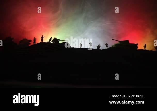 War Concept. Military silhouettes fighting scene on war fog sky ...
