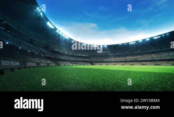 Empty green grass playground in a stadium full of spectators at ...