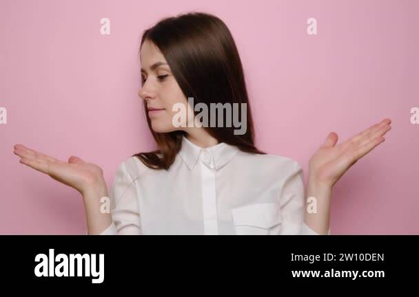 Portrait of puzzled hesitant female shrug shoulders, looks uncertain ...