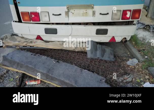 Bus after the fire. Explosion of a bomb in a passenger vehicle. The ...