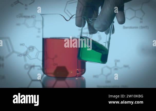 Animation of two laboratory beakers containing colored chemical liquids ...