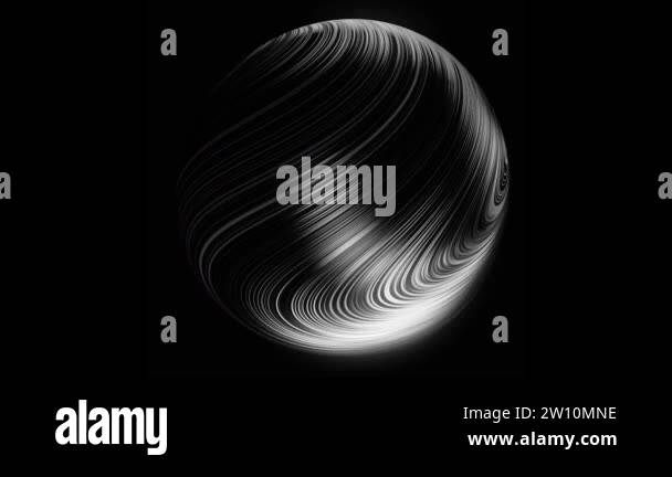 Abstract shining black and white lined sphere rotating on black ...