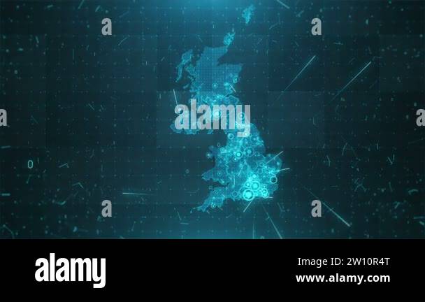 United Kingdom map with with animation camera, glowing round ...