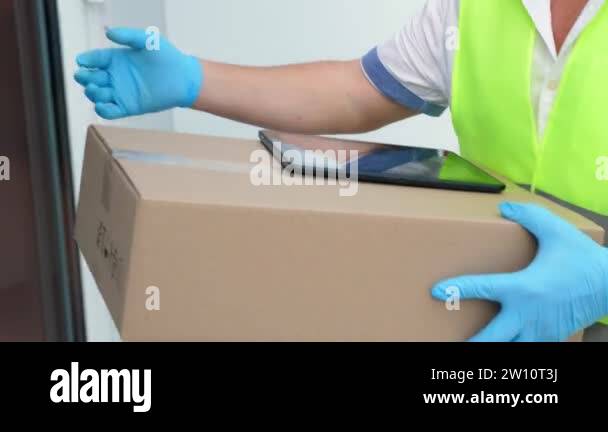 close-up, Delivery of parcel with medical equipment to hospital during ...