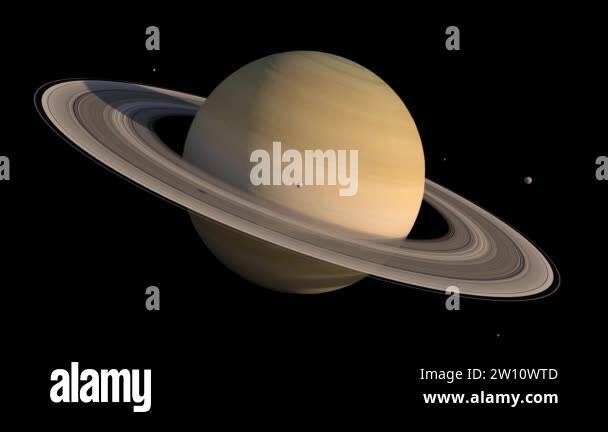 4 K Planet Saturn detailed close-up with the rings and the moons rotating in slow motion for ...