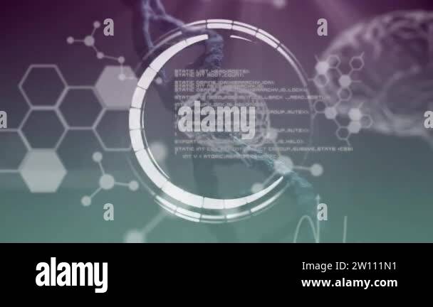 Animation of a turning 3d DNA strand with brains, data and hexagon shapes on grey background ...