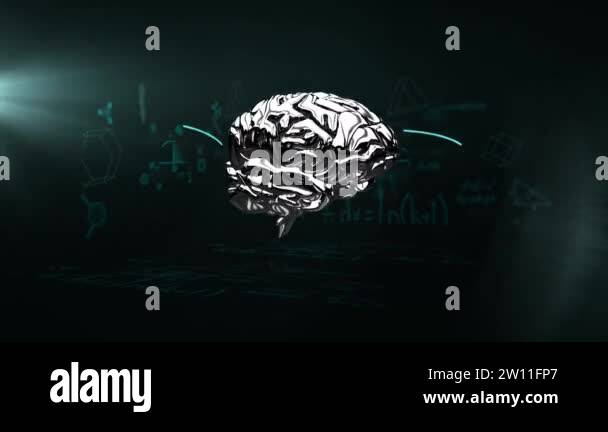 Animation of a 3D human brain model spinning over three screens showing ...