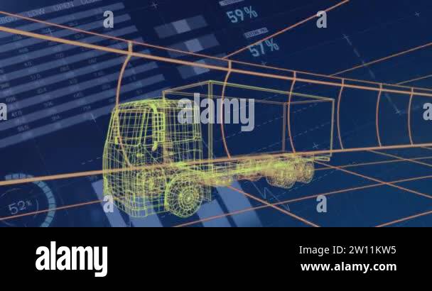 Animation of 3d technical drawing of a truck in yellow, with moving ...