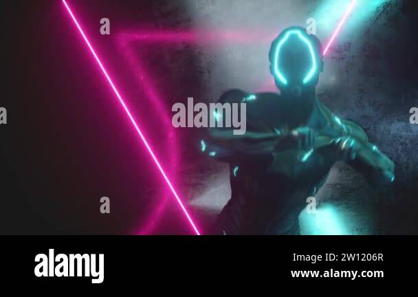 Dancing alien robot on a metal background with bright neon lights. The ...